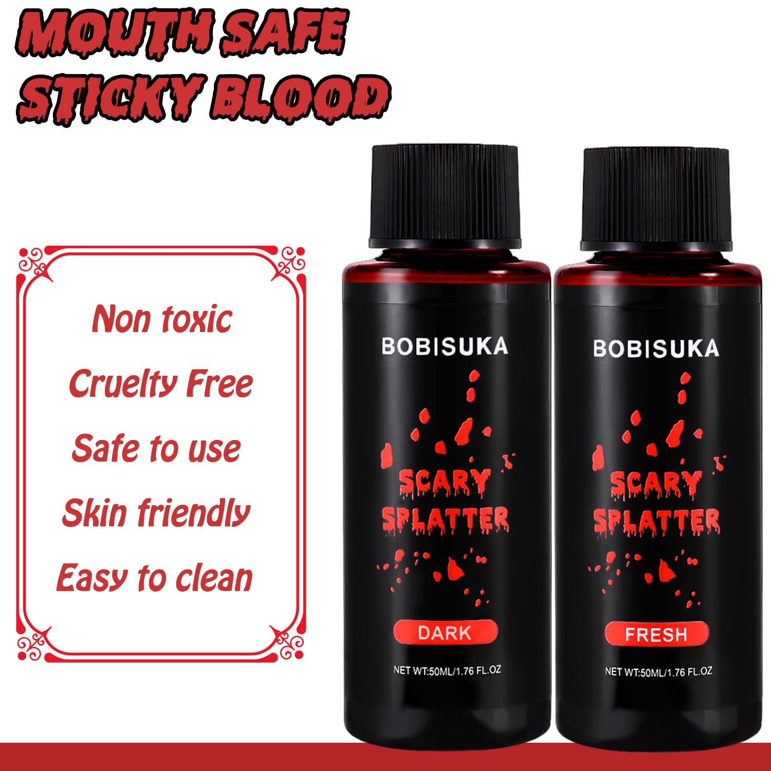 BOBISUKA 2PCS Halloween Fake Blood Makeup Kit - Fresh Red + Dark Red Realistic Washable Special Effects SFX Makeup Set, for Zombie Vampire Cosplay Monster Mouth Clothes Dress Up