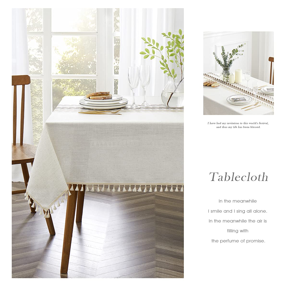 QIANQUHUI Embroidered Tablecloth for Dining Table,Dust Proof Spillproof Soil Resistant Cotton Linen Rectangle Table Cloths (Coffee Wheat, Rectangle/Oblong, 55'x86'', 6-8 Seats)