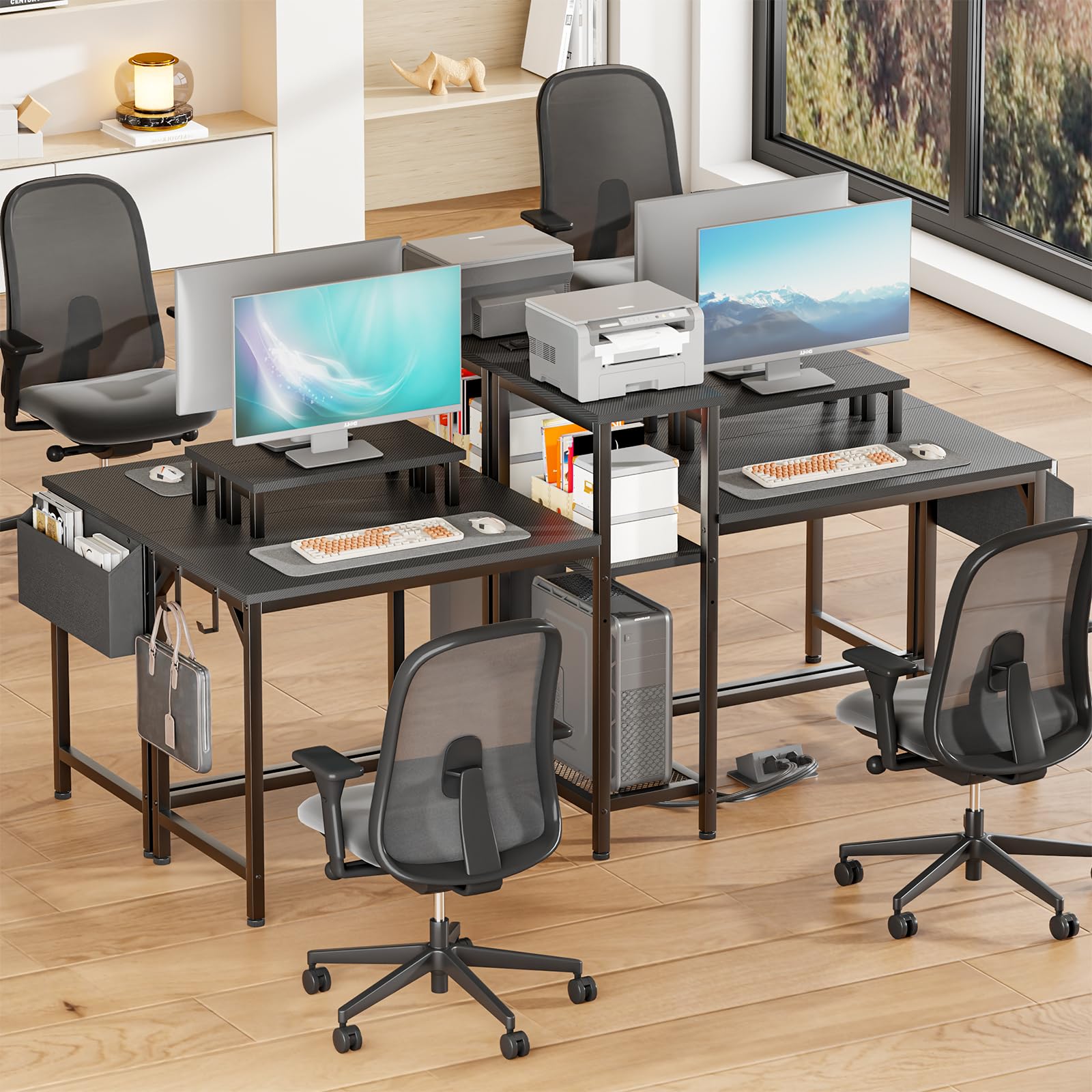 Furologee 2 Person Gaming Desk with LED Lights, 71 Inch Computer Desk with Power Outlets and Monitor Stand, Double Desk with Storage Bag and Headphone Hooks, Study Writing Table for Home Office, Black