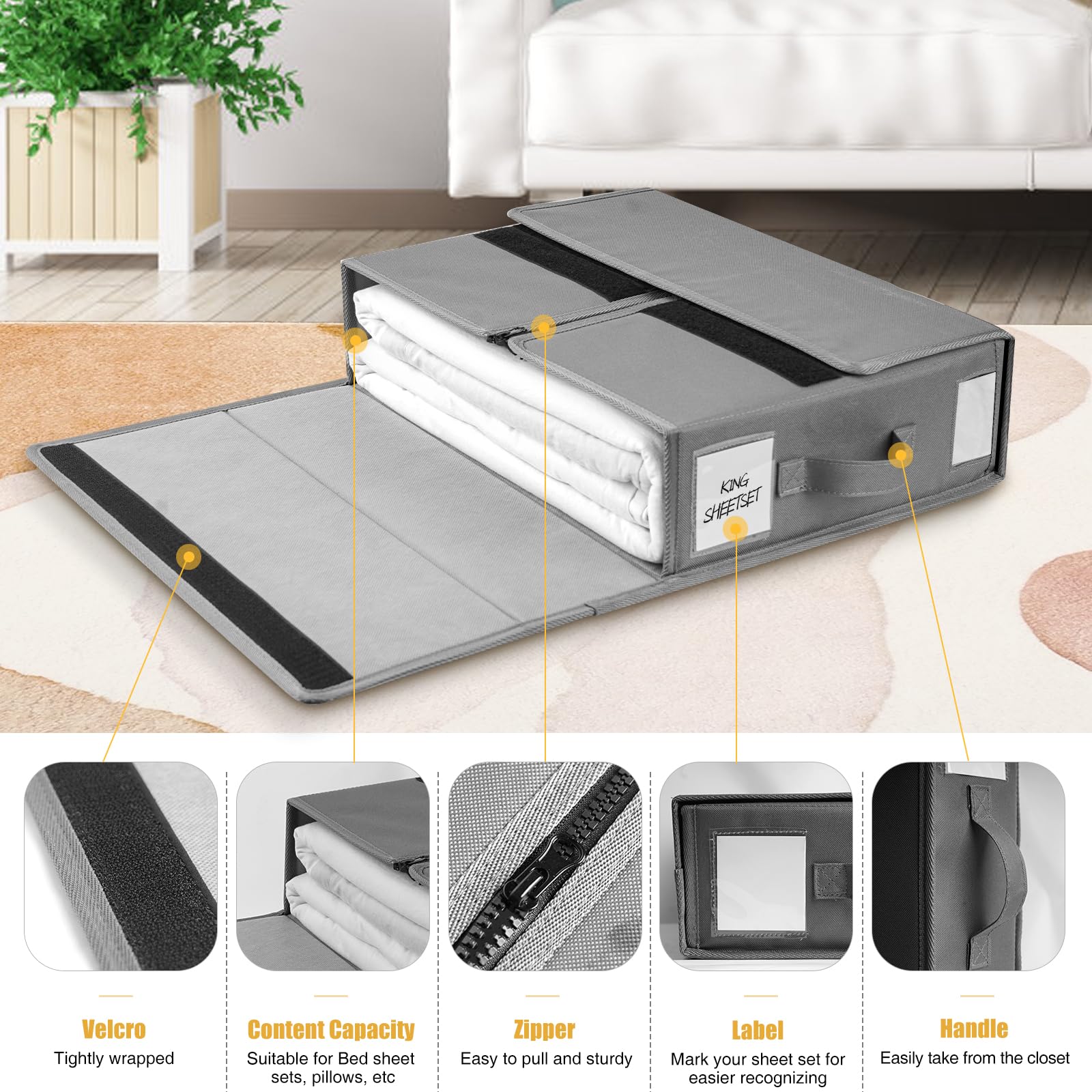 BIKTIC Foldable Bed Sheet Set Organizer,2-Pack with Zipper for Queen or King Sheets, Duvet Covers, and Pillowcases, Linen Closet Organizer for Bedding Clothes Towels