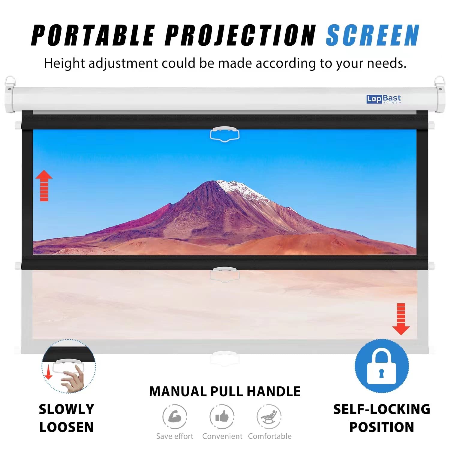 LopBast Screen 100INCH Manual Pull Down White Projector Screen 16:9 1.2 Gain Retractable Auto-Locking 4K 8K 3D Ultra HD for Home Theater Movie Office Game Projection Screen with Slow Retract Mechanism