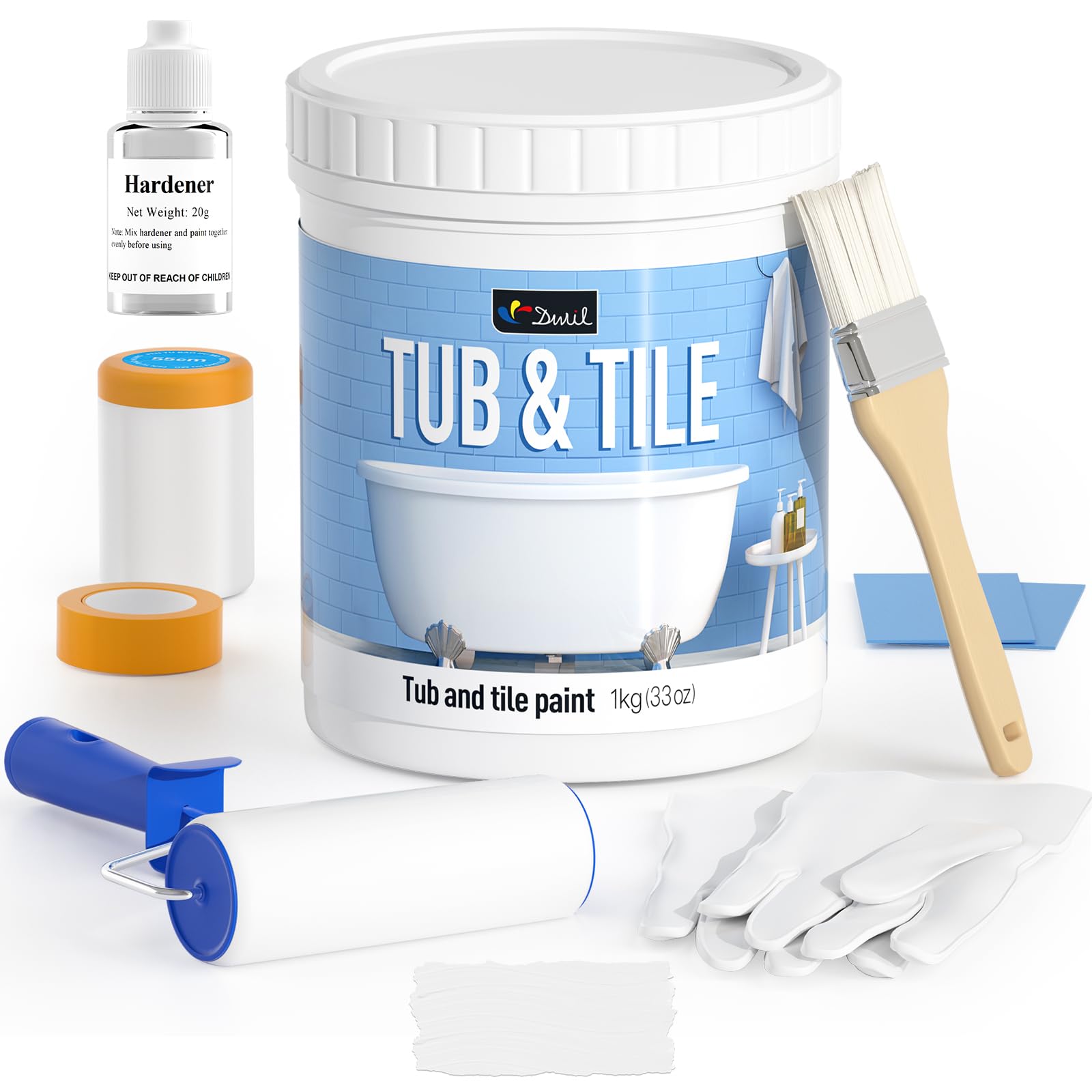 DWIL Tub Paint, Tub and Tile Refinishing Kit 35oz with Tools, Tub Refinishing Kit White Bathtub Paint Water Based &Low Odor, Easy to Use Sink Paint for Bathroom Kitchen, Semi-Gloss White, 50-55sq.ft