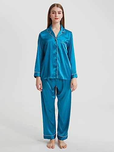 Honypove Silk Pajamas for Women Long Sleeve Satin Womens Pajama Sets Two-piece Button-Down Sleepwear Pjs (Small, Green)