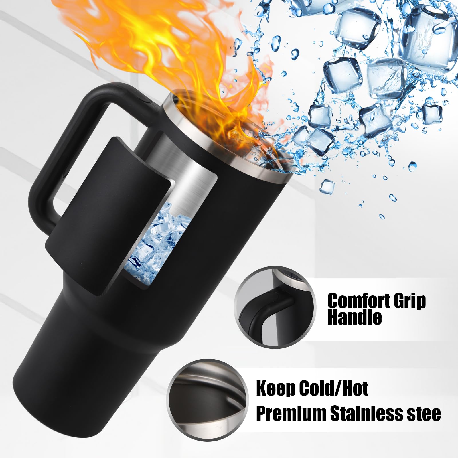 Boderi Tumbler,40oz Tumbler with Handle and Straw,2in1 Straw Lid + Rotating Cup Lid, Stainless Steel Double Wall Vacuum Insulated Coffee Cup,Reusable 40oz Travel Mug Insulated Tumbler with Handle