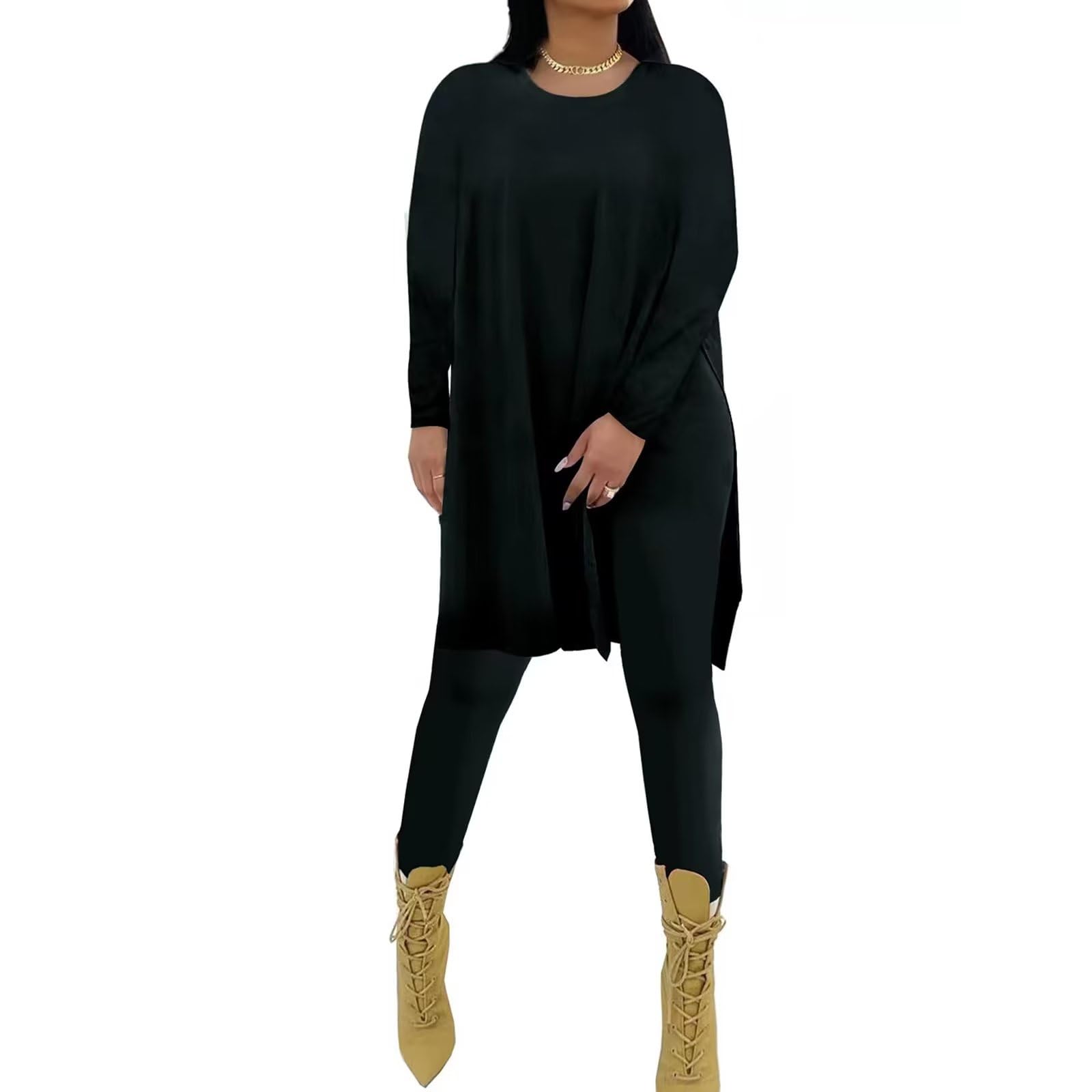 AXOSY Women Plus Size 2 Piece Outfits Sweatsuits O Neck Tunic Tops Skinny Pants Tracksuits Sets Black,X-Large