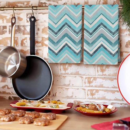 Beisseid Kitchen Dish Towels Aqua Turquoise Chevron Dish Cloth Fingertip Hand Towels Geometric Design Stripe Super Absorbent Soft Cotton Tea Towel 1 PC