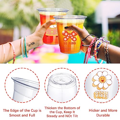 meekoo 100 Pcs 12 oz Groovy Party Disposable Plastic Cups Hippie Boho Groovy Daisy Flower Cups for Retro Birthday Wedding Thanksgiving Day Christmas Party Supplies