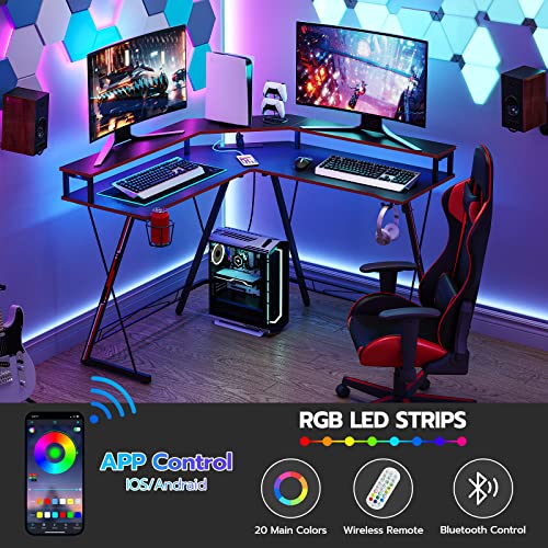 HOOBRO L Shaped Gaming Desk with LED Music Rhythm Lights and Charging Station, Computer Corner Desk with Cup Holder, Headset Hooks, Home Office Desk with Large Monitor Stand, Black BB130UDDN01