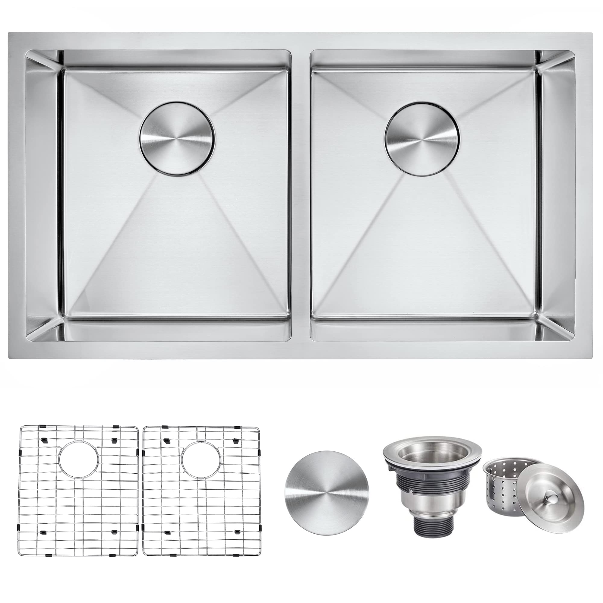 CITYLE 32 Inch Undermount Kitchen Sink, Stainless Steel Sink Handmade 50/50 Double Basin with Bottom Grid and Basket Strainer Drain for Bar Prep Kitchen(32'' x 18'' x 9'')