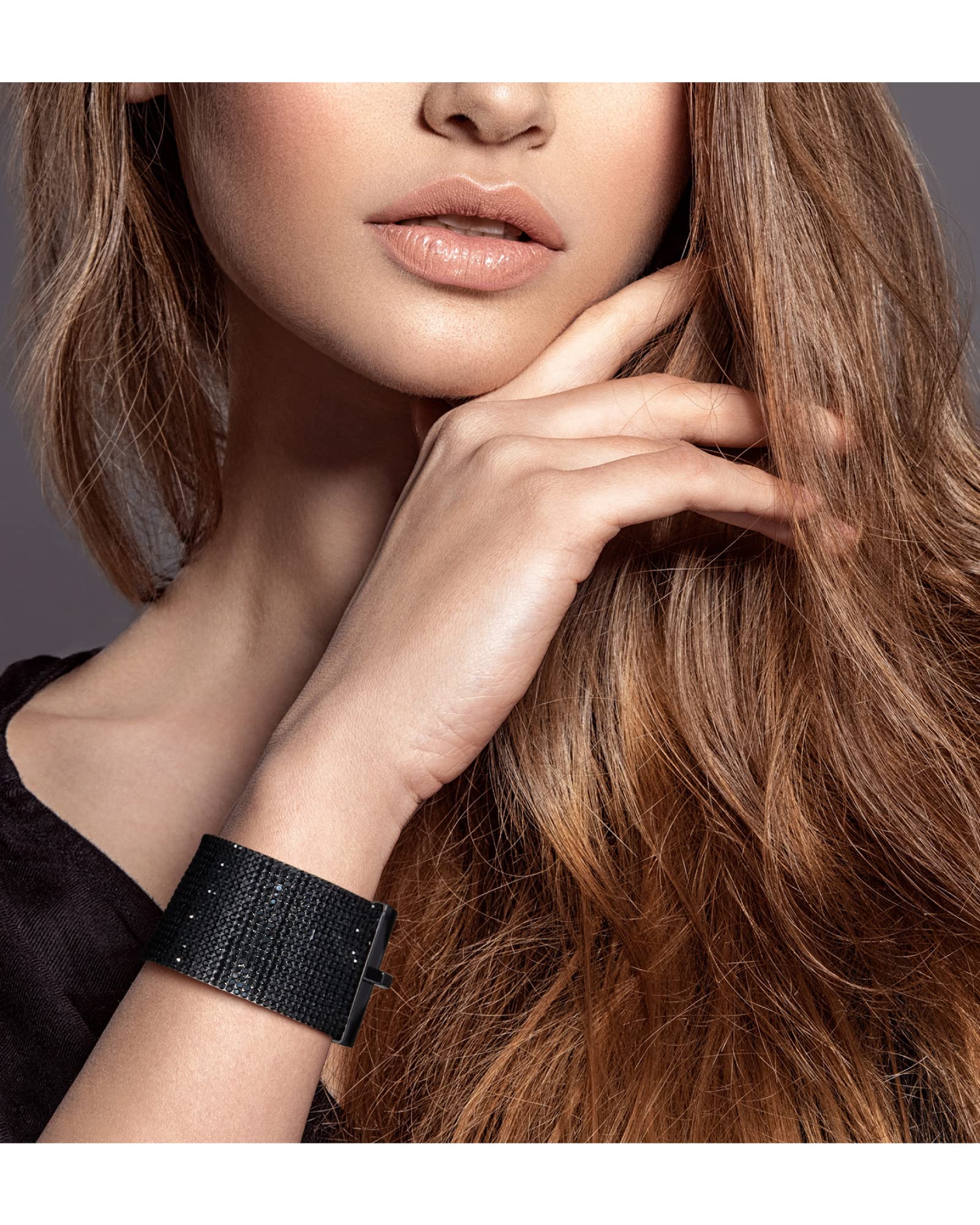 Badgley Mischka Women's Bracelet - Crystal Studded Leatherette Box Clasp Bangle Cuff Wrap Wristband, Hematite