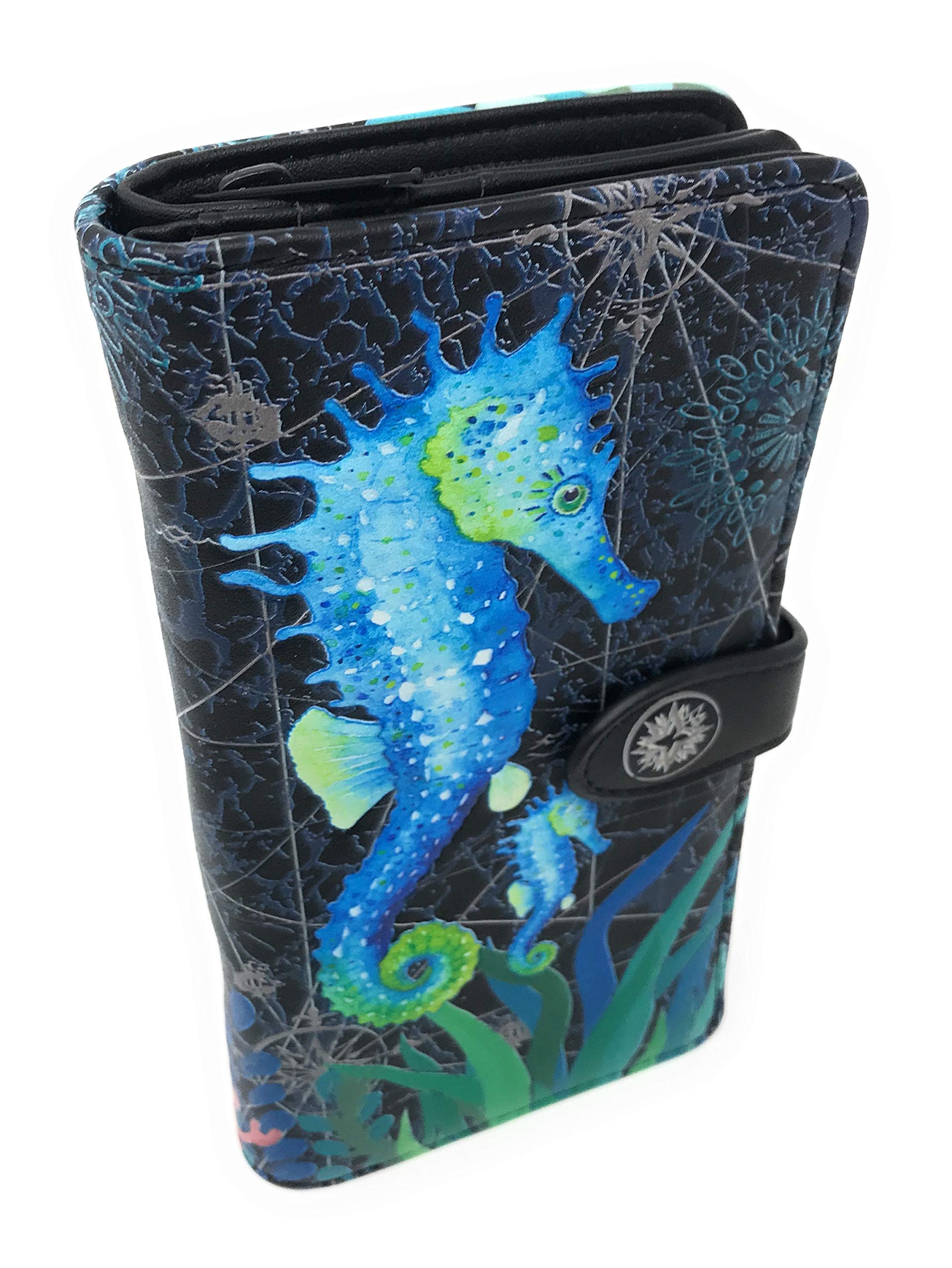 Shag Wear Sea Horse Large Wallet for Women and Teen Girls Vegan Faux Leather Black 7"
