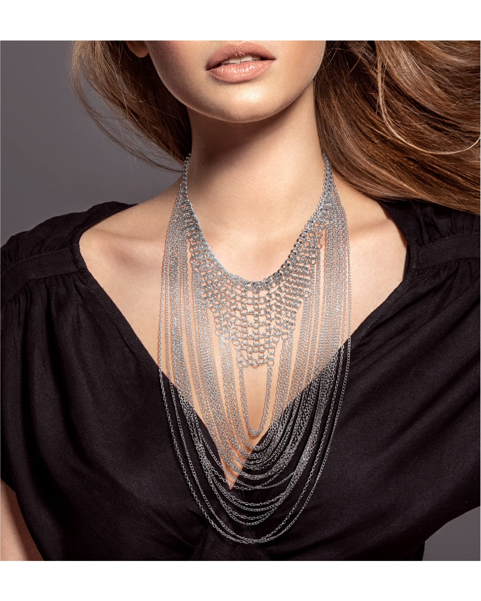 Badgley Mischka Women's Necklace - Elegant Layered Curb Chain Statement Bib Collar Necklace Costume Jewelry, White