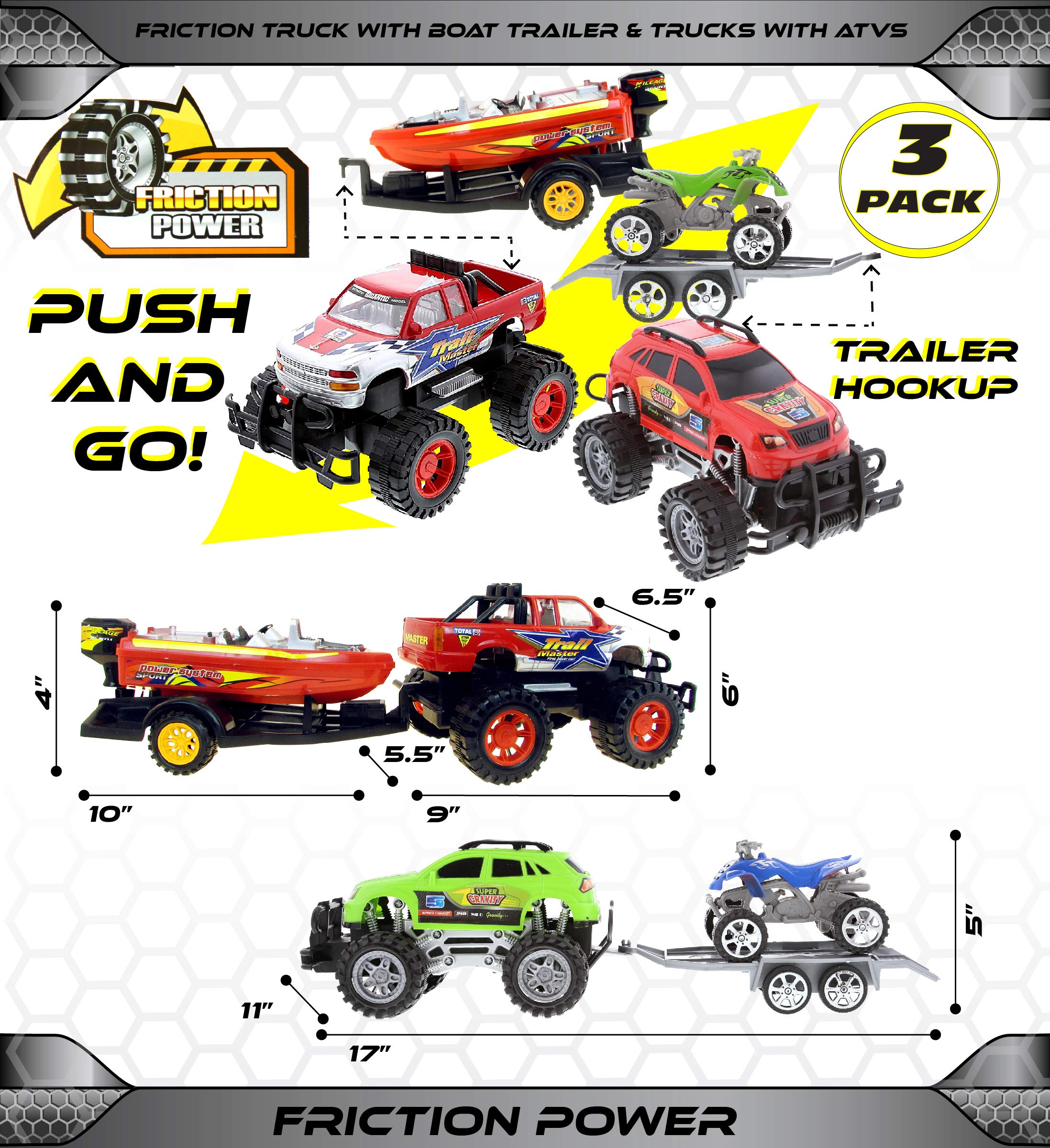 Mozlly Bundle of 2 Friction Powered Monster Trucks with ATV Trailer Playset, Push Powered Monster Truck with Speed Boat Transport Toys - Push & Go