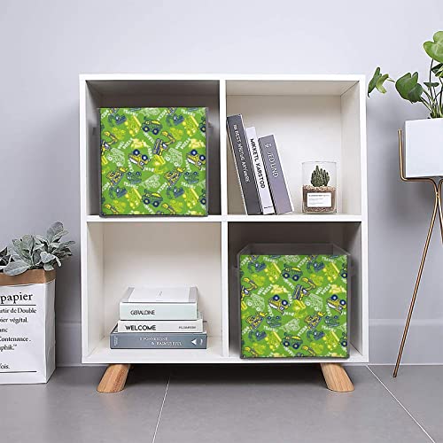 Cute Bulldozer Foldable Storage Bins Printd Fabric Cube Baskets Boxes with Handles for Clothes Toys, 11x11x11