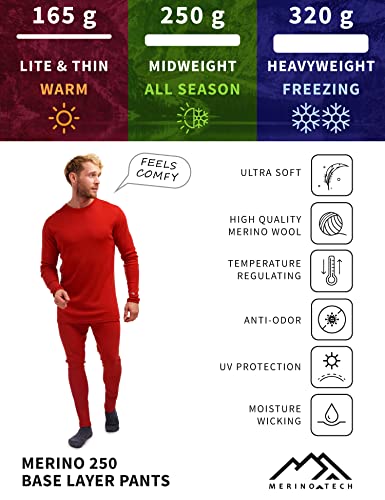 Merino Wool Men's Base Layer Pants — 100% Organic Wool Midweight Thermal Pants + Hiking Wool Socks (Medium, Black 250)