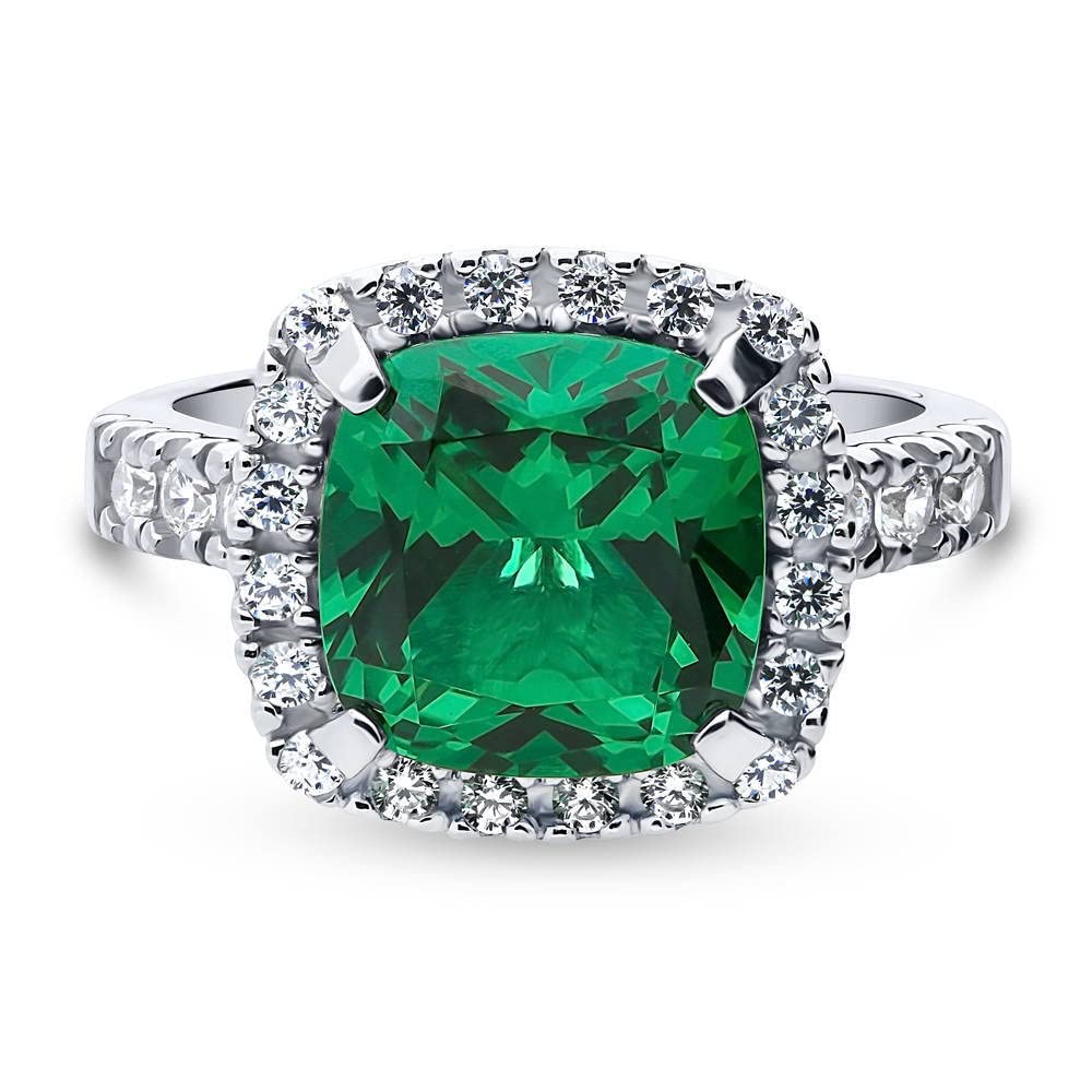 BERRICLE Sterling Silver Halo Green Cushion Cut Cubic Zirconia CZ Statement Cocktail Fashion Ring for Women, Rhodium Plated Size 7