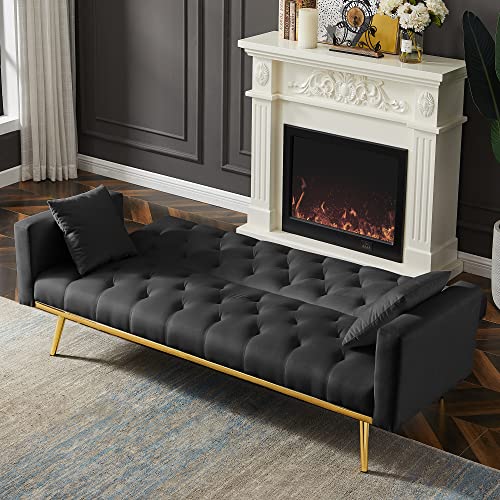 Modern Velvet Convertible Sleeper Sofa Bed with 2 Pillows, Futon Sofa Couch Loveseat with Multiple Adjustable Positions and Gold Metal Legs for Living Room Bedroom Office Apartment (Black)