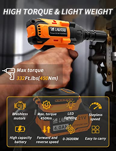 Cordless Impact Wrench,450NM(332ft·lbs) High Torque ,Brushless Motor,1/2 inch impact gun with a 4.0Ah Li-Ion Battery, Suitable for family cars…