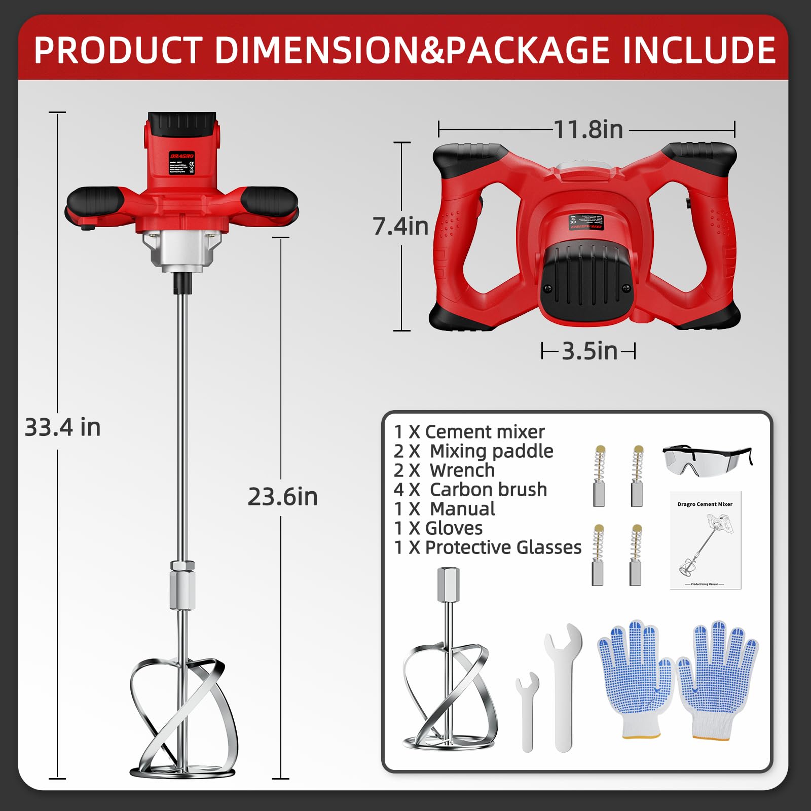 Dragro Electric Cement Mixer, 2100W Handheld Concrete Mixer with 6 Speed,Portable Mortar Mixer for Mixing Mud, Mortar, Plaster,Cement, Paint, Fodder,2 Pieces Mixing Heads