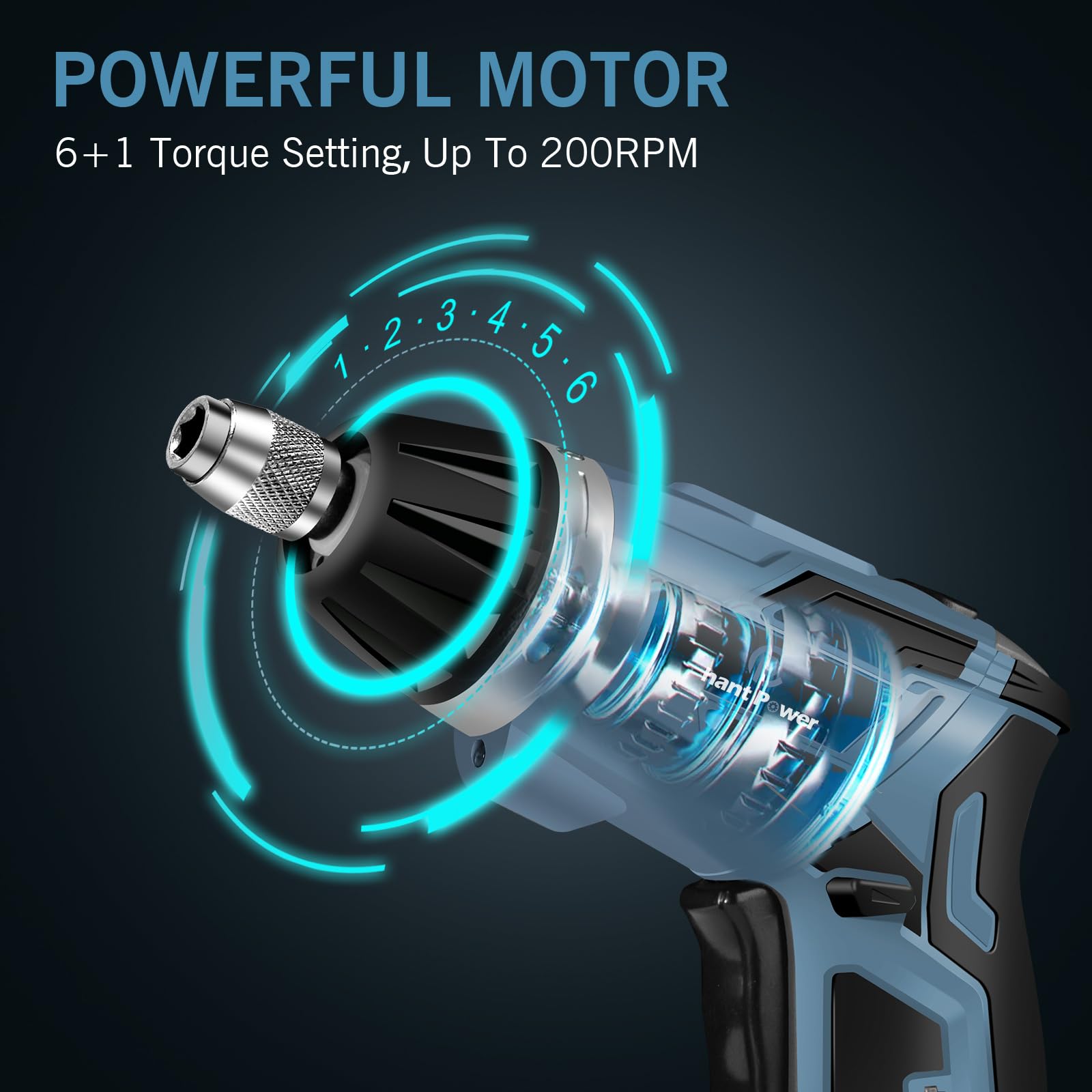 C P CHANTPOWER Cordless Electric Screwdriver Set,6+1 Torque Gears,1/4'' Hex Self-Lock Chuck, 4V Rechargeable lightweight Screwdriver with 44pcs Accessories Flashlight Charger and Carrying Case Blue