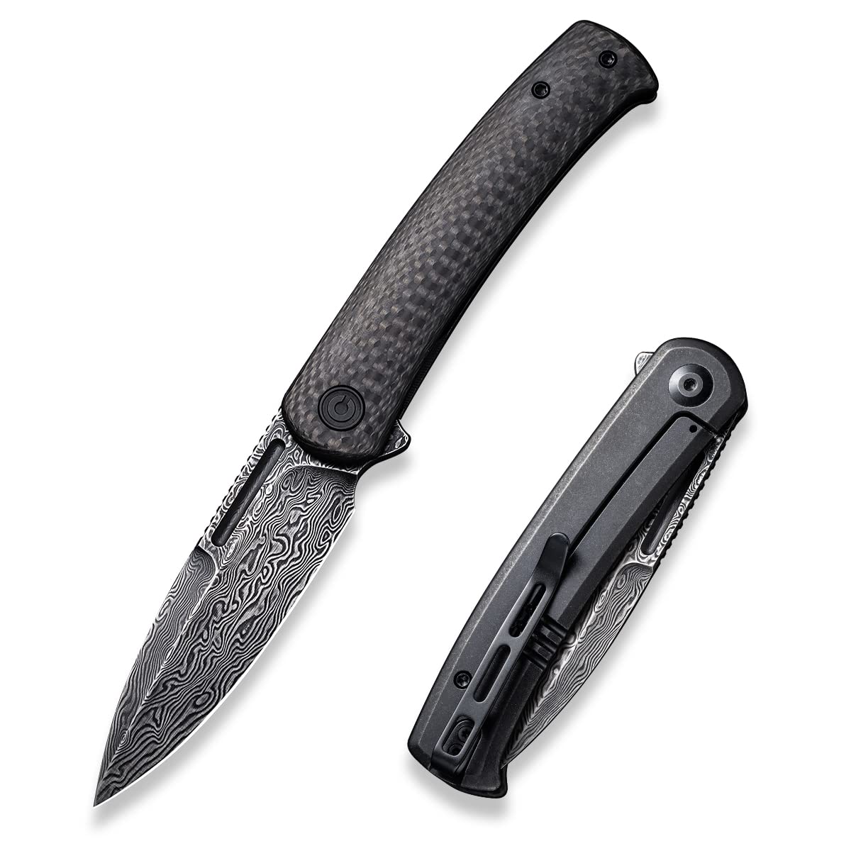 CIVIVI Cetos Folding Knife, 3.48-in Damascus Blade Spear Point with Twill Carbon Fiber Scale Flipper Knife Frame Lock, Pocket EDC Outdoor Knives for Camping, Hiking, Hunting C21025B-DS1