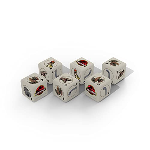 Jurassic Park Dice Set | Collectible d6 Dice Featuring Dinosaurs & More - Jurassic Park Logo, Dilophosaurus, Triceratops, Brachiosaurus, Velociraptor, and T-Rex | Officially Licensed 6-Sided Dice
