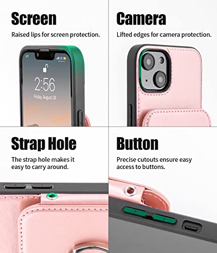 GOOSPERY Rich-Fit iPhone 14 Crossbody Wallet Case for iPhone 14 Case [Strap Included] with Card Holder Lanyard Magnetic Clasp [Kickstand Ring] Heavy Duty Protection, Rose Gold