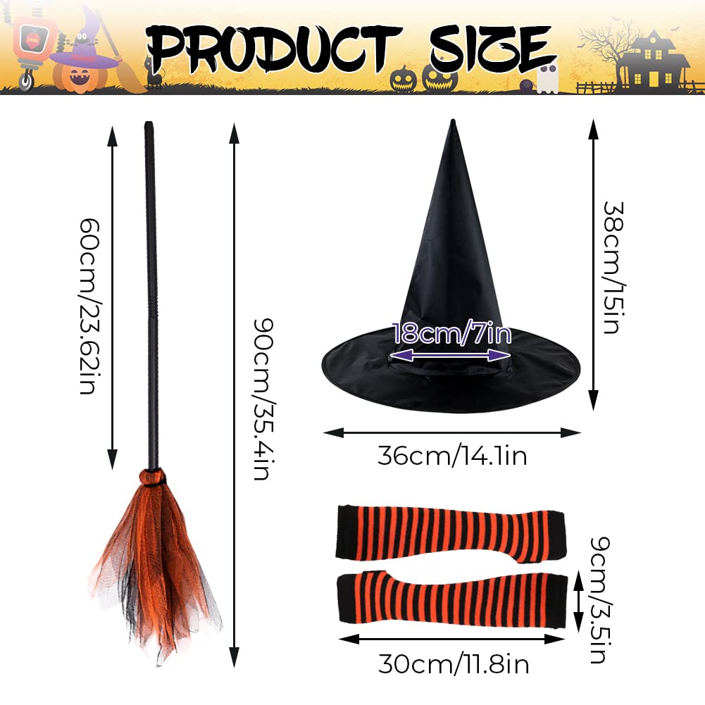JNYLLN 4Pcs Halloween Witch Broom, Halloween Cosplay Dress Up Costume Halloween Witch Hat Halloween Witch Broomstic Props Cute Witch Broom (Orange)