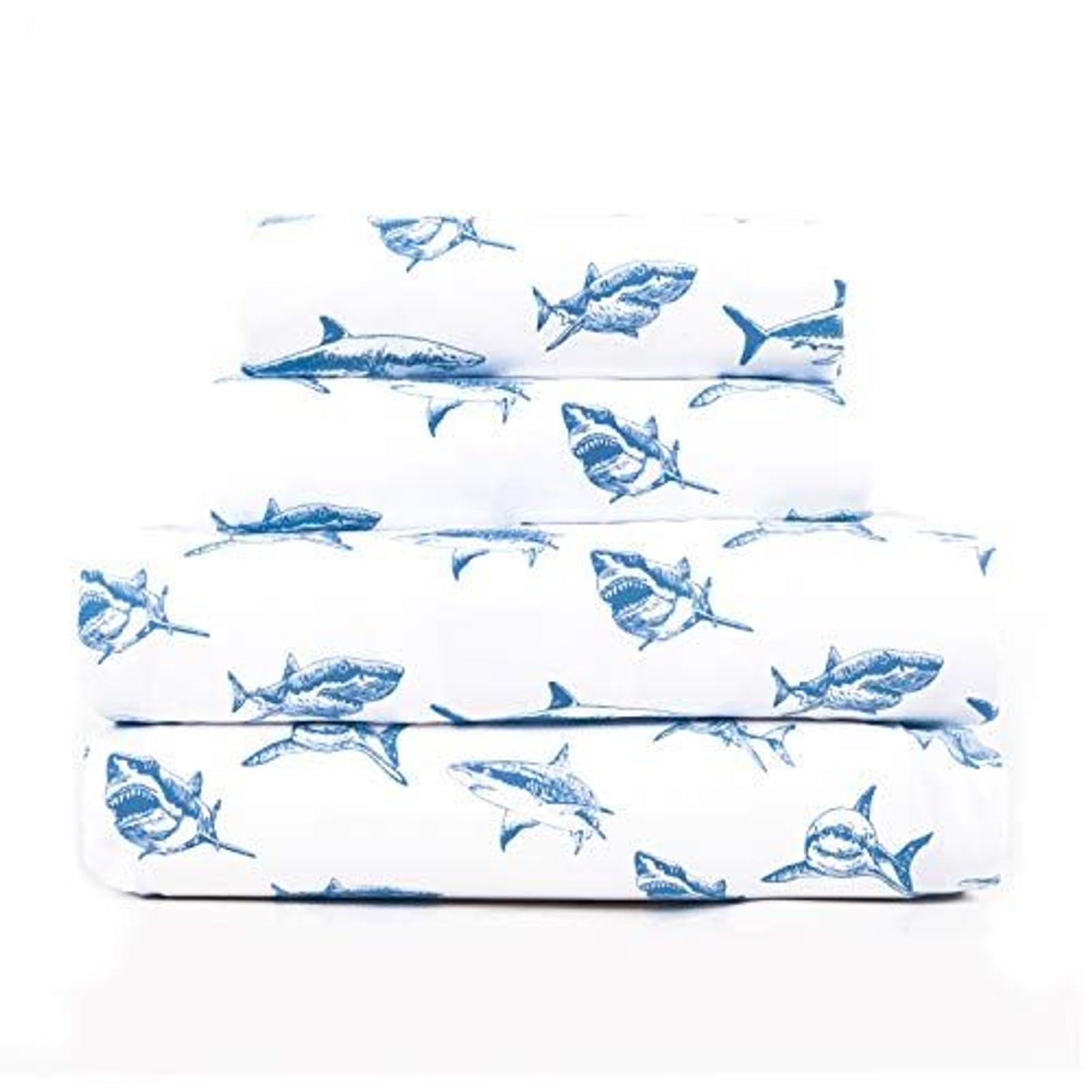 Kids Rule 4-Piece Shark Sketch Sheet Set for Boys & Kids - 1 Full Flat Sheet, 1 Full Fitted Sheet & 2 Queen Pillowcases, Soft Brushed Microfiber Polyester Bed Sheet, Smooth & Durable