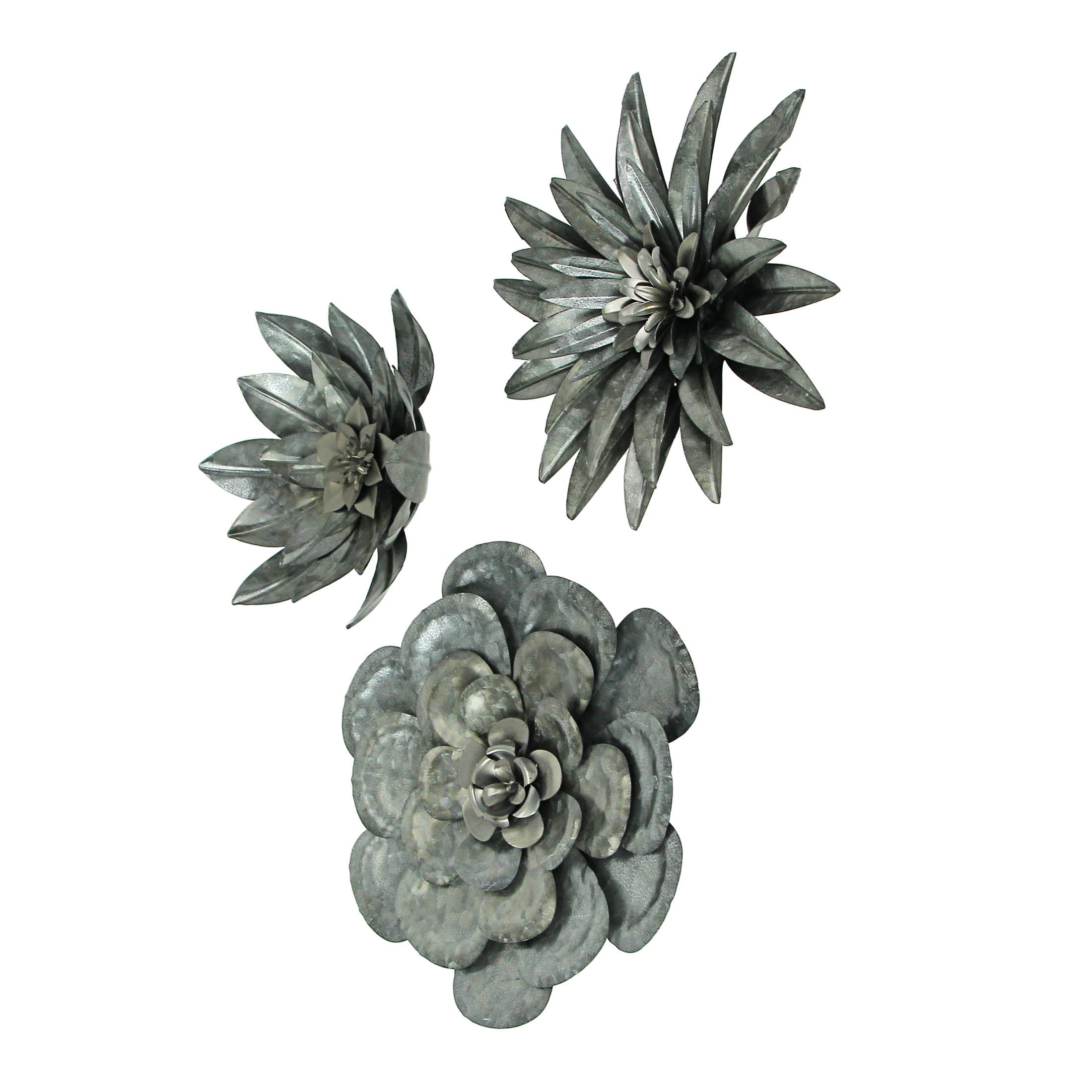 Zeckos Set of 3 Galvanized Metal Flower Wall Hanging Sculptures Home Decor Floral Art 10 Inches High - Nature Accents for Country or Farmhouse - Easy Install