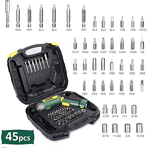 Cordless Screwdriver, 45Pcs 6N.m, TECCPO 4V Electric Power Screwdriver, 9+1 Torque Gears, Cordless Screwdriver Rechargeable with 2000mAh Li-ion, 1/4'' Hex Self-Lock Chuck, 2 LED, Adjustable 2 Position