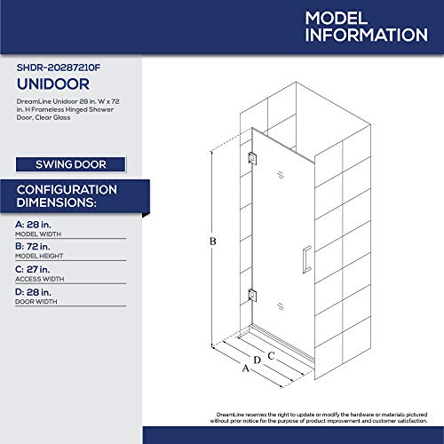 DreamLine Unidoor 28 in. W x 72 in. H Frameless Hinged Shower Door in Brushed Nickel, SHDR-20287210F-04