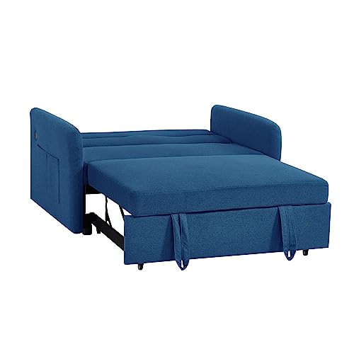 FIQHOME 55.5" USB Ports and Side Pockets,3 in 1 Multi-Functional Convertible Sleeper 2 Lumbar Pillows,Loveseat Sofa with Pull Out Bed,for Living Room, Apartment(Blue)