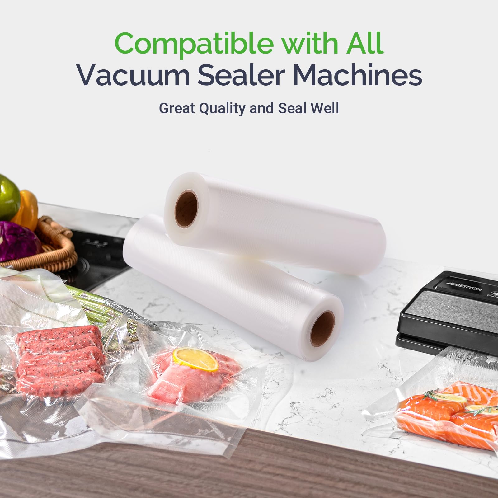 GERYON Vacuum Sealer Machine Silver and 2 Pack Vacuum Sealer Bag 8x16ft Rolls