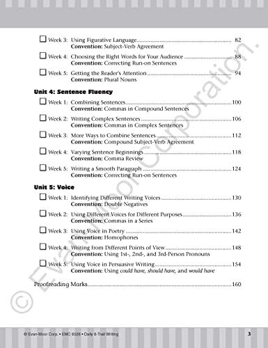 Evan-Moor Daily 6-Trait Writing, Grade 6 Homeschool and Classroom Resource Workbook, Reproducible Worksheets, Teaching Edition, Lesson Plans, Ideas, Organization, Word Choice, Sentence Fluency, Voice