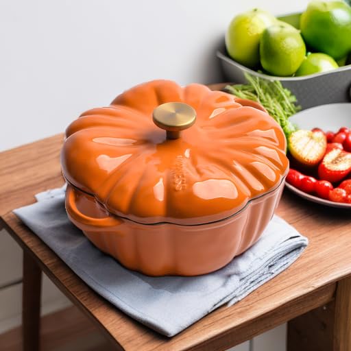 Enameled Cast Iron Dutch Oven with Lid, 1.5 qt Pumpkin Shaped Pot for Versatile Cooking,Pumpkin Dish with Big Dual Handles,Oven & Stove Safe (Orange)