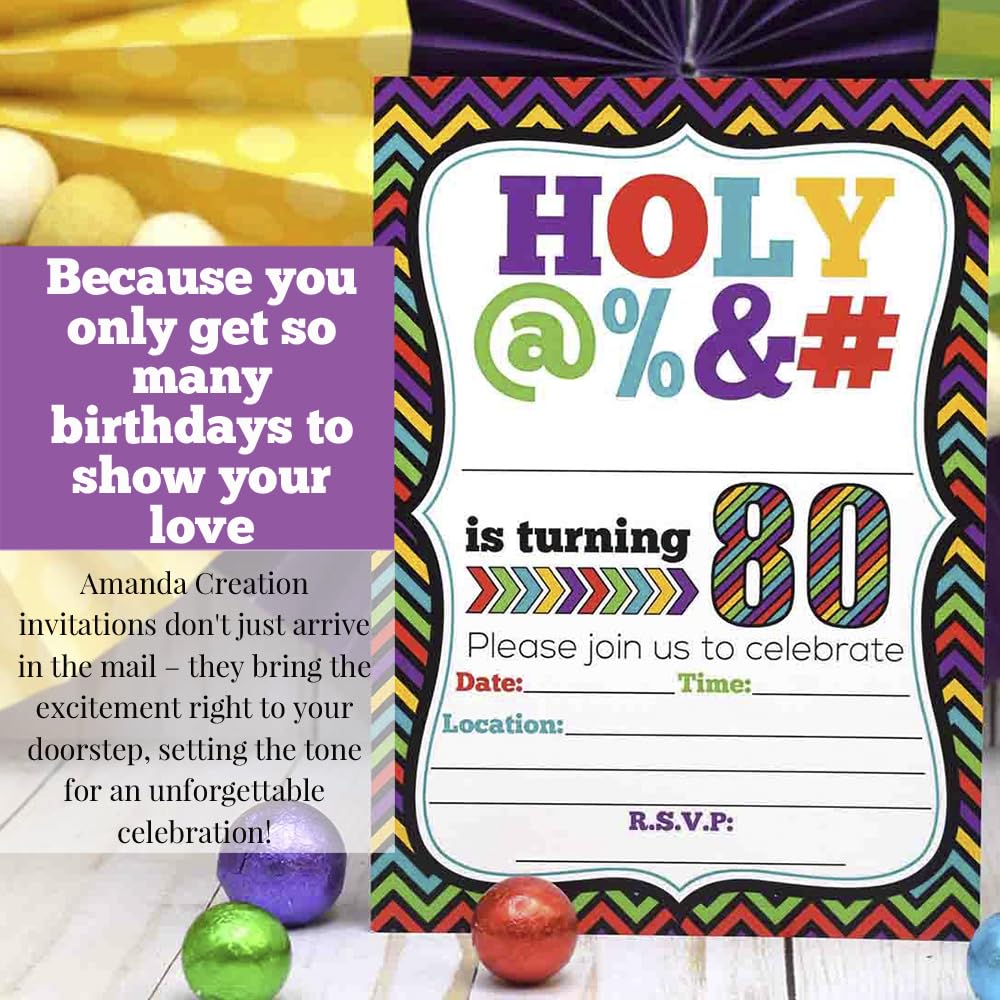 HOLY @% 80th Birthday Party Invitations, 20 Funny 5x7 Fill In Cards with Twenty White Envelopes for Milestone Birthdays by AmandaCreation