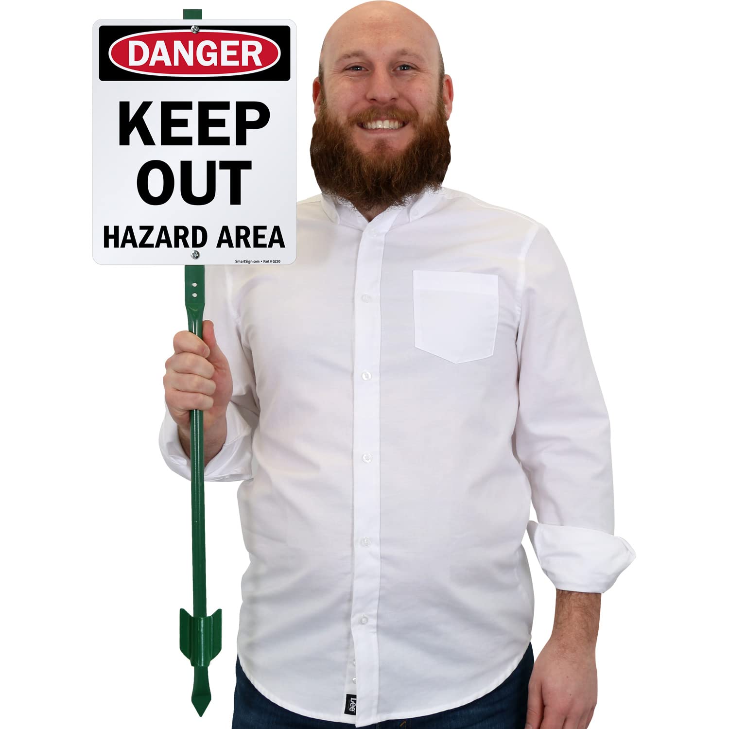 SmartSign 12 x 10 inch “Danger - Keep Out, Hazard Area” LawnBoss Yard Sign with 3 foot Stake, 40 mil Laminated Rustproof Aluminum, Red, Black and White, Set of 1, Made in USA
