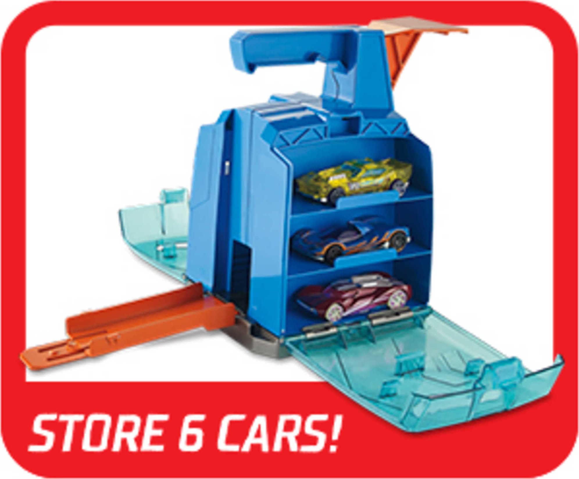 Hot Wheels Toy Car Track Set, Display Launcher & 2 1:64 Scale Vehicles, Visible Storage for 6 Cars Toy Cars, Connects to Track