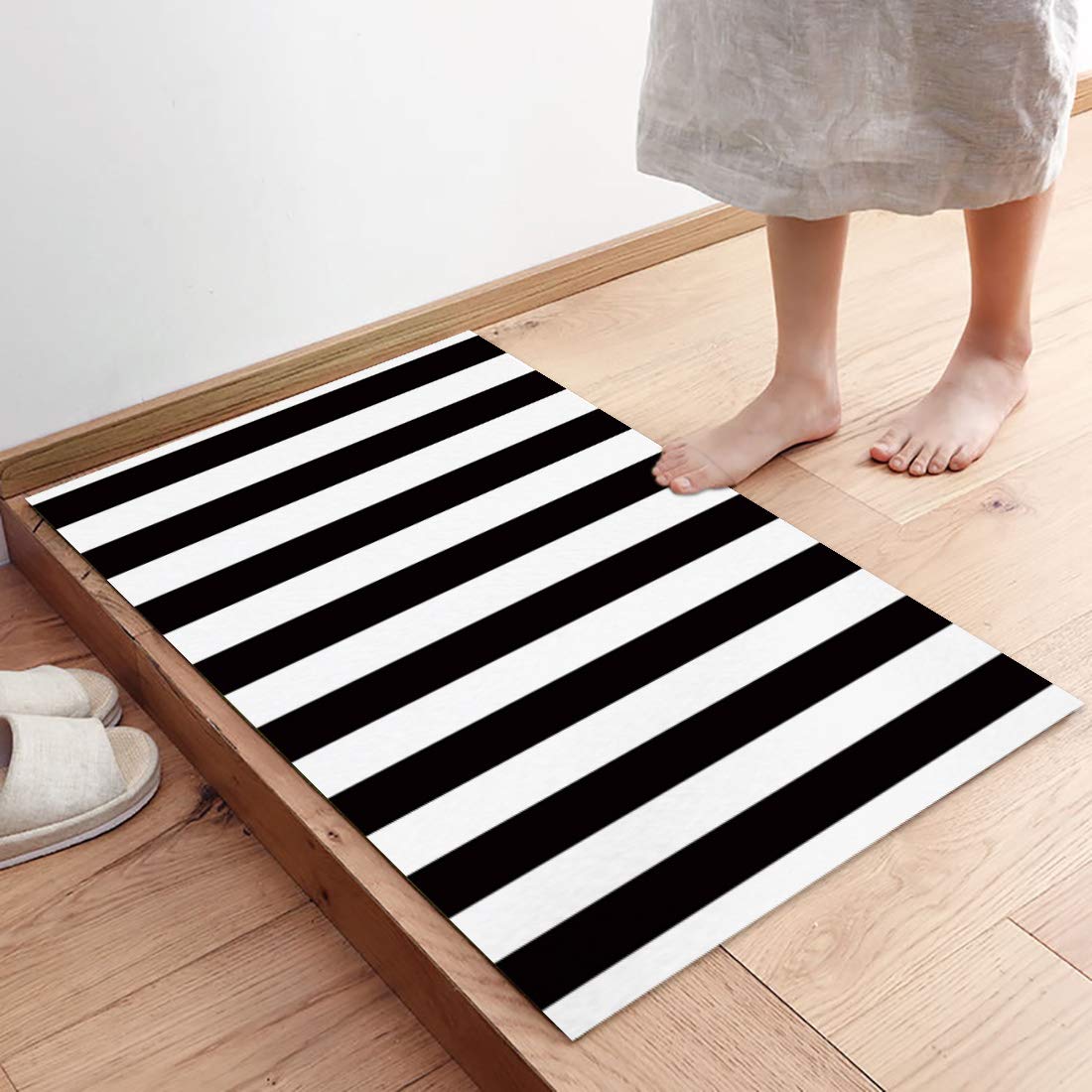 Black White Stripes Kitchen Rugs and Mats Set of 2, Washable Floor Doormat Comfort Area Runner Rug Non-Slip Rubber Backing for Indoor Classic Modern Striped