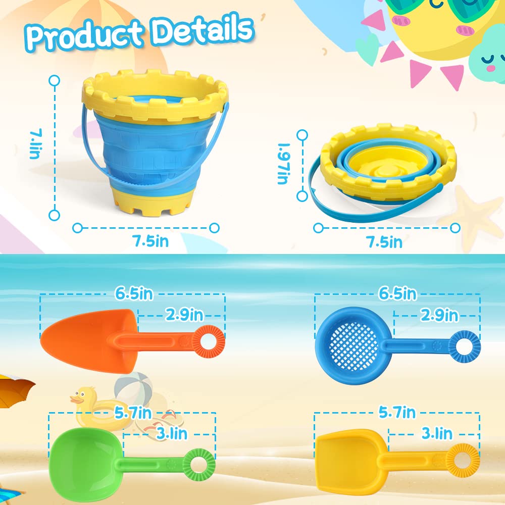 LNCOJOLM Collapsible Bucket Beach Bucket with Rake Spade Sifter Sandbox Toys, Foldable Sand Pail Shovel Castle Mold Garden Tool Kits for Digging Camping Fishing