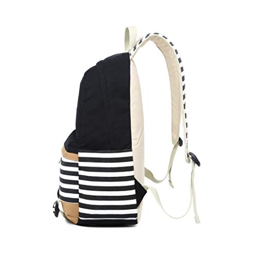 Gazigo Girls School Backpack Causal Canvas Stripe Backpack Cute Teen Backpacks For Girls School Bag (Black)