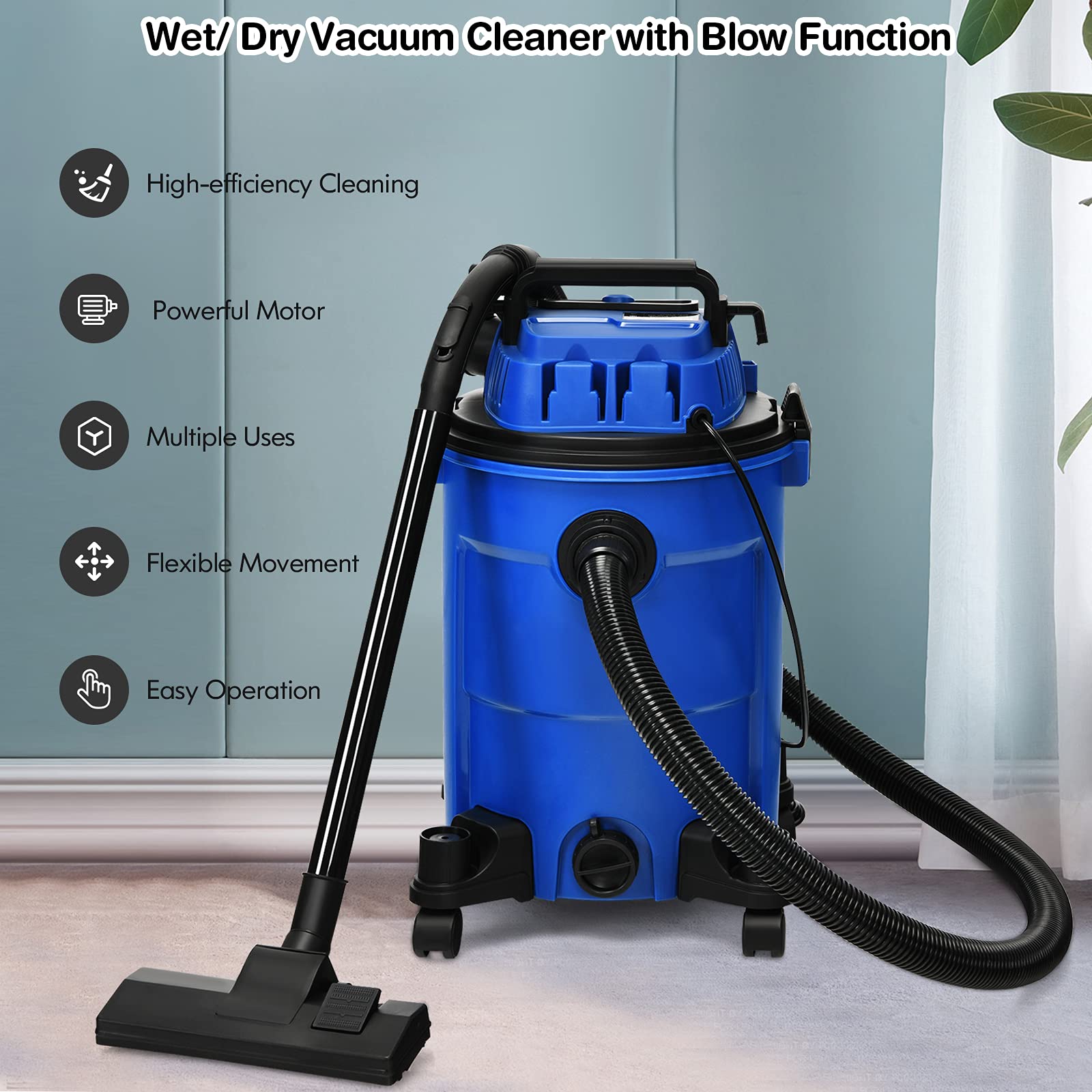 COSTWAY 3-in-1 Wet/Dry Vacuum Cleaner with Blower Function, 6.6 Gallon 4.8 Peak HP Vacuum with Safety Protection, Portable Shop Vacuum Cleaner for Workshop, Car, Garage, Home, 1200W (Blue)