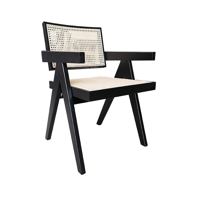 First of a Kind Rattan Cane Dining Chair - Mid-Century Modern Chairs with Mesh Back - Comfy Side Chair with Arms for Dining Room β Farmhouse Wooden Frame Accent Chair for Kitchen - Black