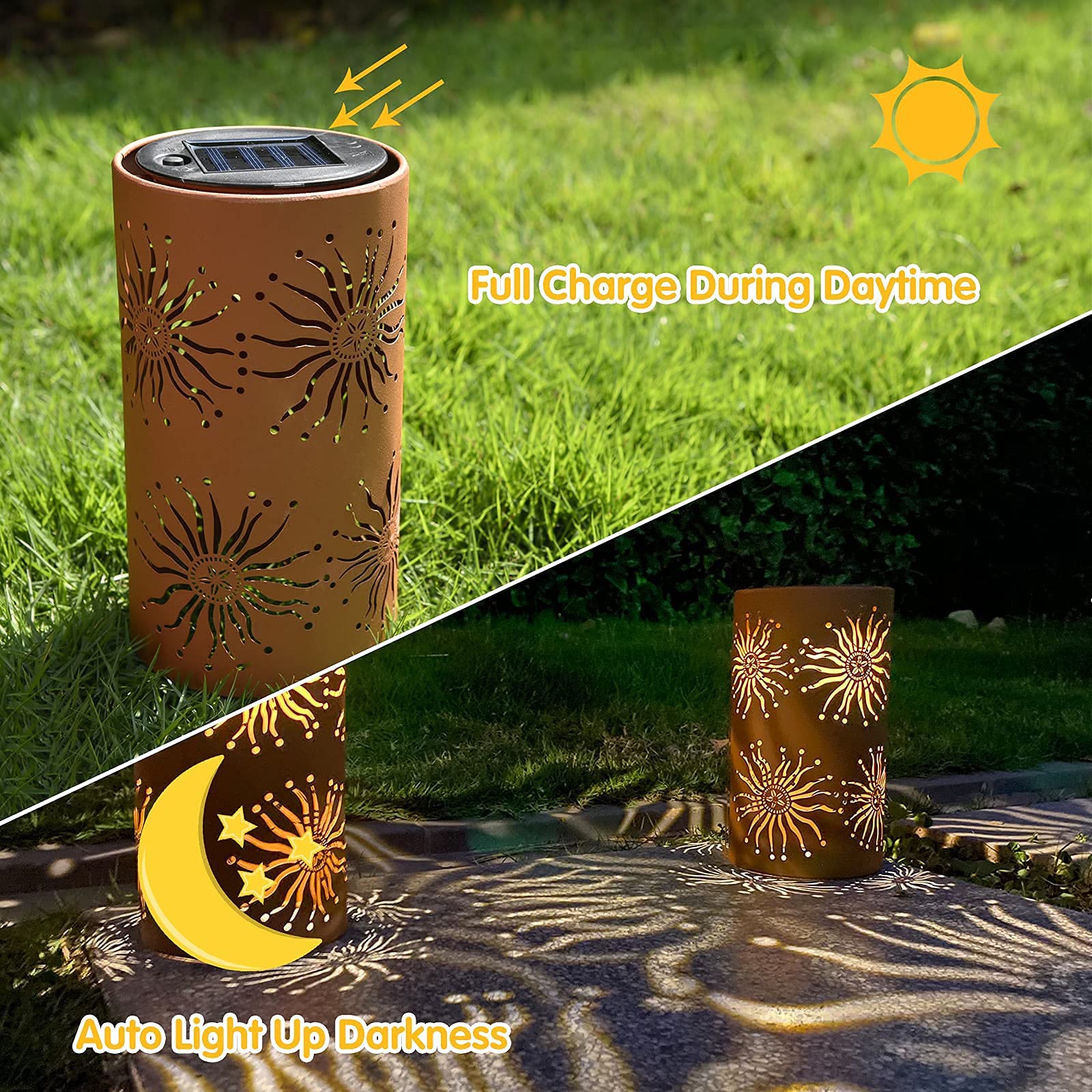 pearlstar Outdoor Solar Table Lamp 2pack Metal Sunflower Shape Solar Lantern Lights, Retro Orange Finish, Outside Decor for Patio Garden Yard Pathway Tabletop Waterproof(Sunflower)