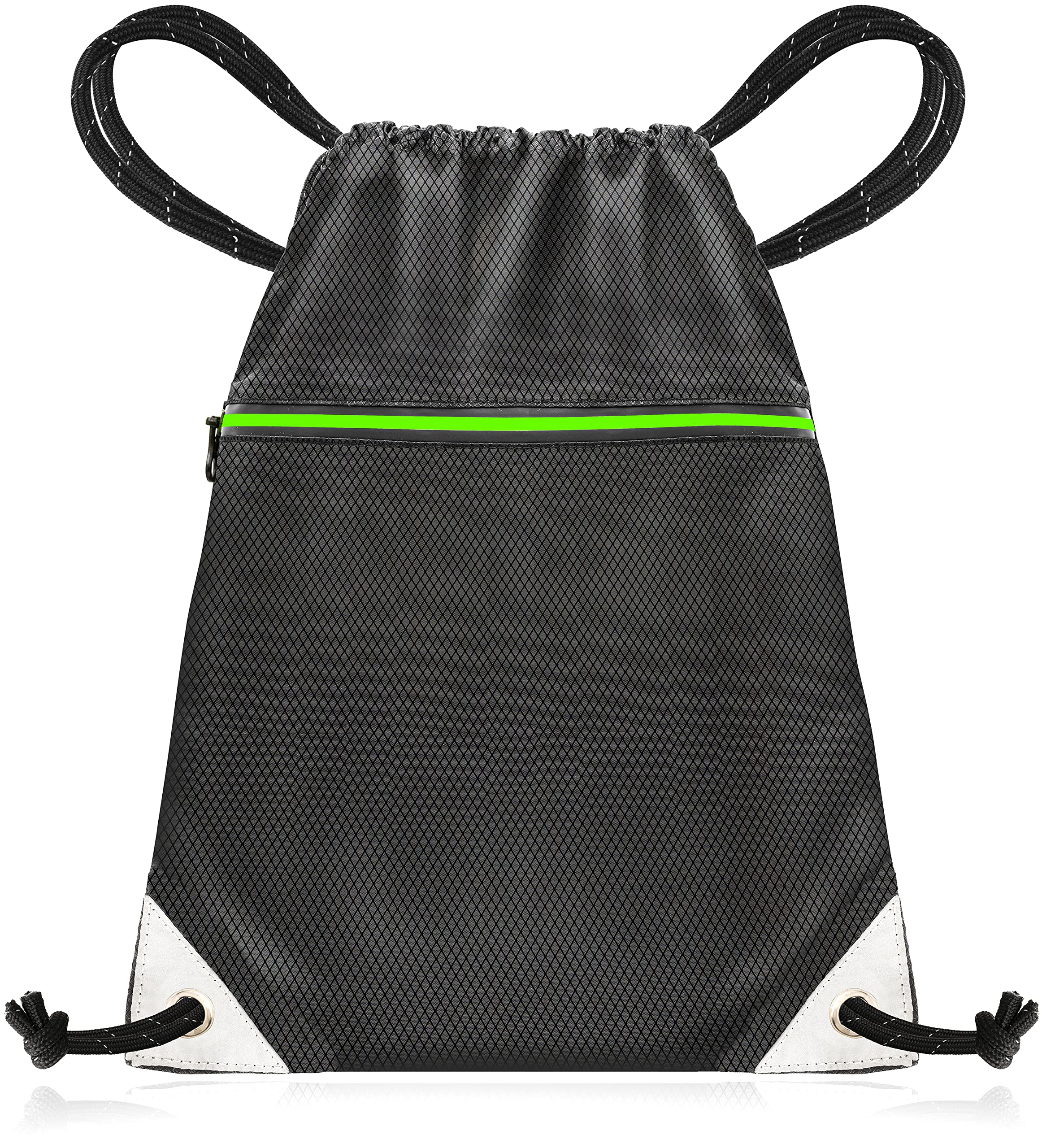 aZengear Drawstring Bag (16x19” / 40x50cm) from Waterproof Recycled Polyester for Gym, PE, Sport, Swimming | Light Reflective Zip Pockets and String (Black)