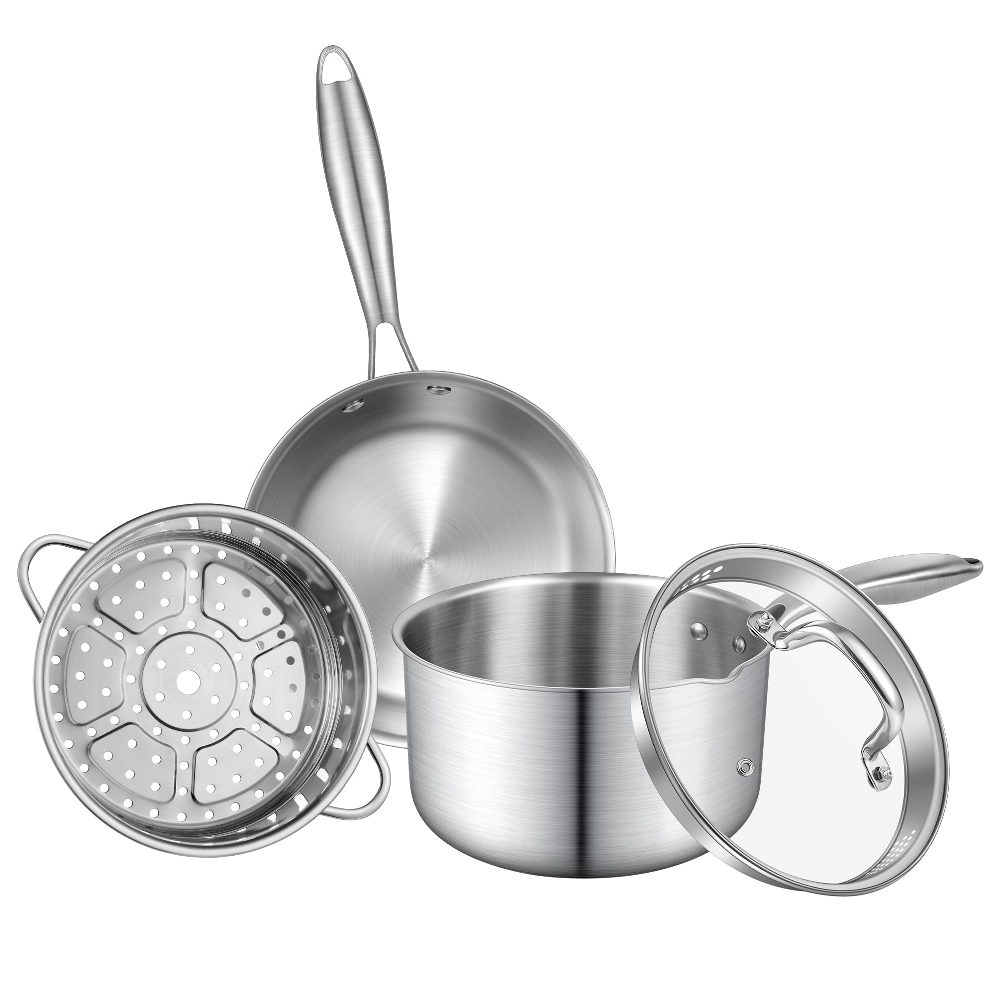 Buttermelt Pots and Pans Set- Tri-ply Full Body Stainless Steel Cookware Set, 3.5QT Saucepan with Steamer Basket & 7 Inch Frying Pan Skillet, Pots and Pans for Boiling Gravies, Pasta, Noodles, Omelet