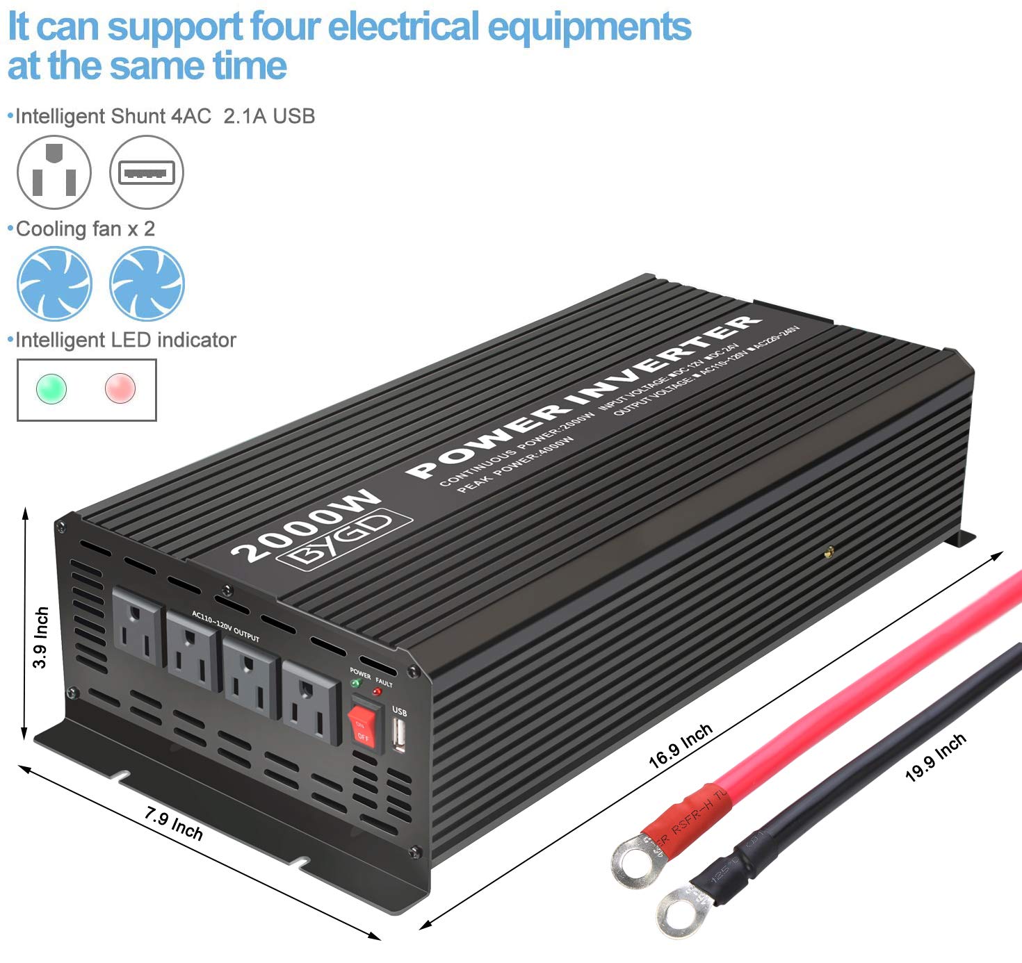 BYGD 2000W/4000W(Peak) Power Inverter 12V DC to 110V AC Converter with 4 AC Outlets Dual 2.1A USB Ports for Home, RV, Boat, Truck, Off-Grid Solar System