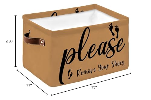 Please Remove Your Shoes Storage Basket Waterproof Cube Storage Bin Organizer with Handles, Farmhouse Brown Collapsible Storage Cubes Bins for Clothes Books Toys 15"x11"x9.5"