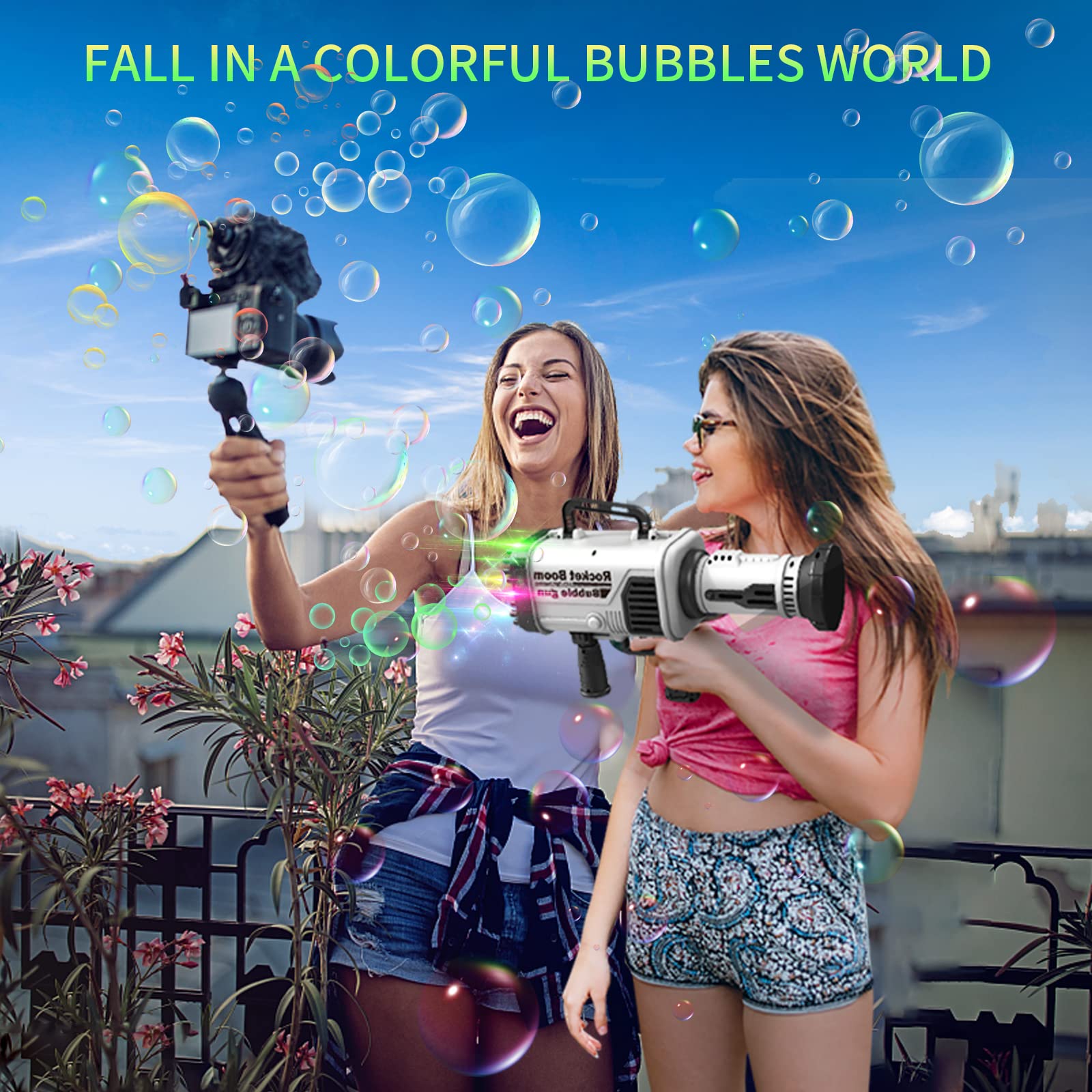 AZfiner Bubble Machine Gun - 64 Holes Bubble Machine with Lights Electric Bubble Maker with Bubble Solution Bubble Blower Summer Toys for Kids Bubble Guns for Wedding Birthday Party (OldPink)